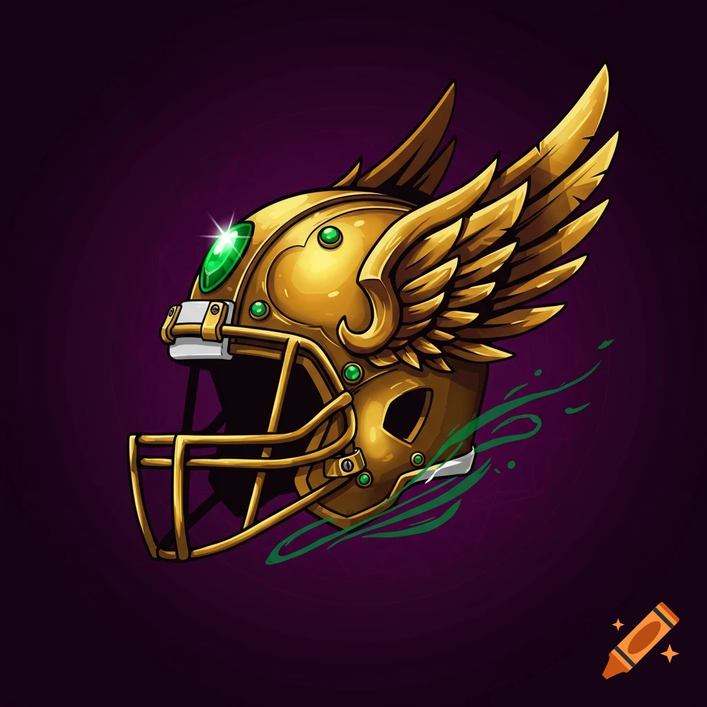 A golden football helmet with wings and green gems against a dark ...
