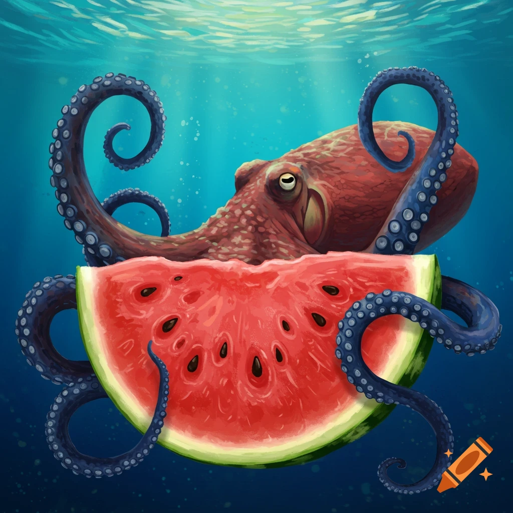 An octopus with its tentacles wrapped around a large slice of ...