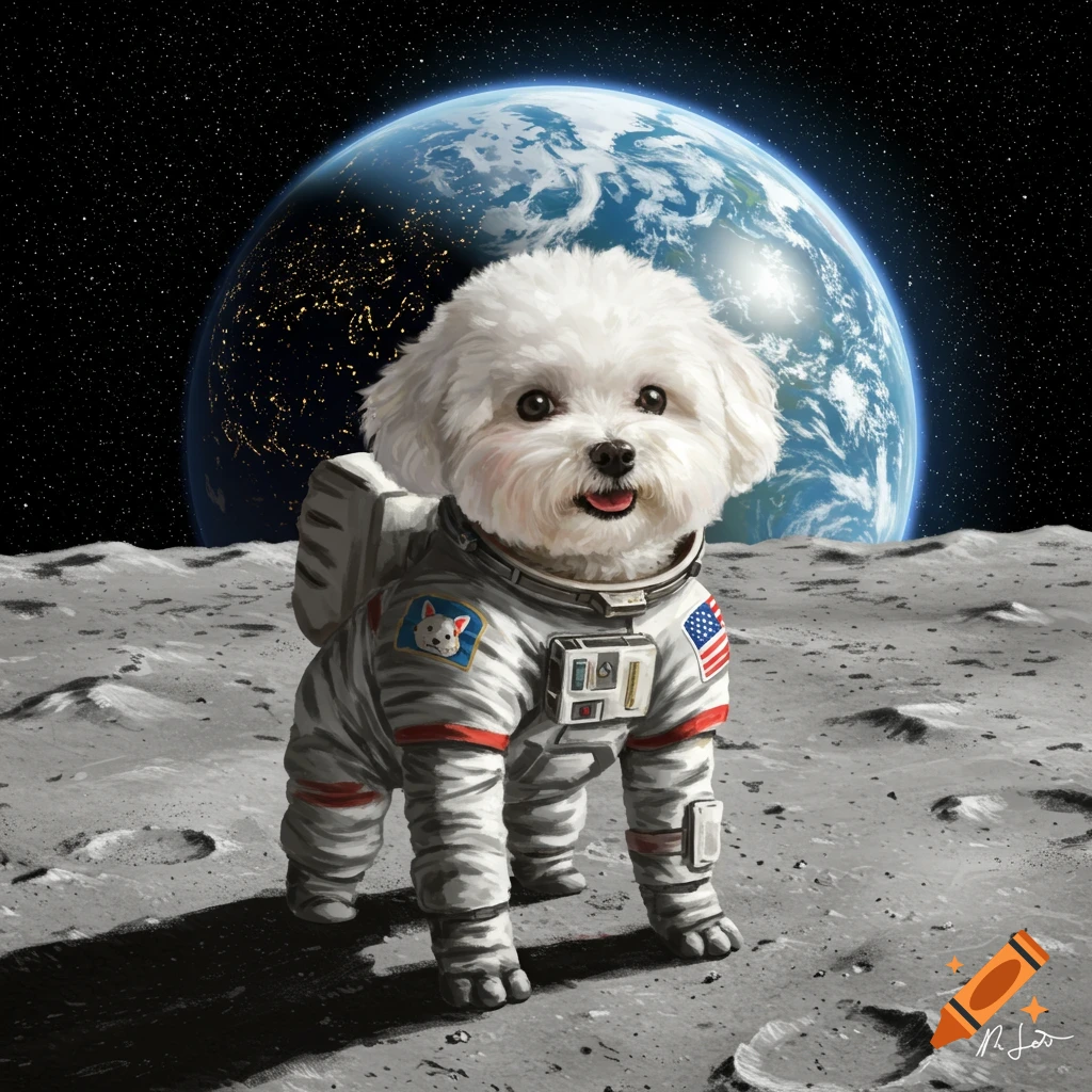 An anthropomorphic arctic fox astronaut on the Moon looks at Earth in ...