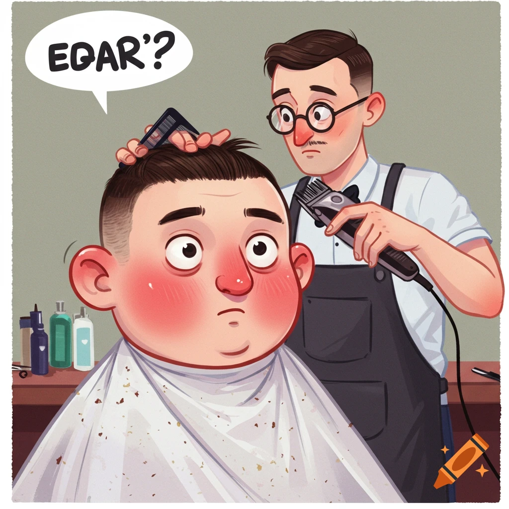 Cartoon illustration of a barber cutting the hair of a person with red ...