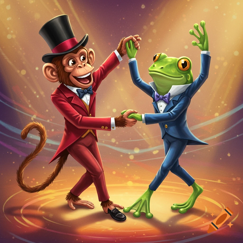 Monkey in top hat and red suit dancing with frog in blue suit on Craiyon