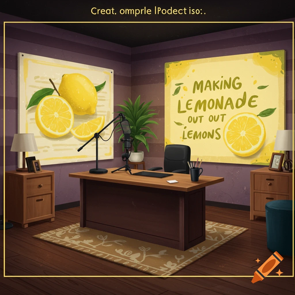 Podcast video studio setup in a small spare bedroom with a lemonade theme on Craiyon