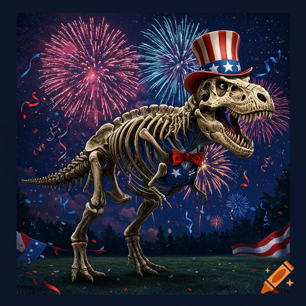 A T-Rex in an Uncle Sam costume watches fireworks with a crowd on the ...