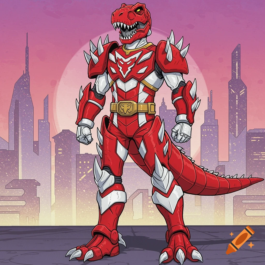 Red and white armored Power Ranger with Tyrannosaurus armor design on ...