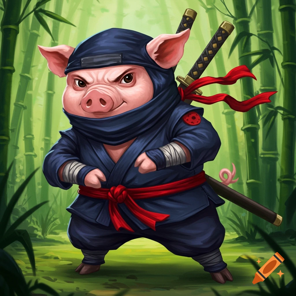 A cartoon piglet dressed as a ninja standing in a bamboo forest. on Craiyon