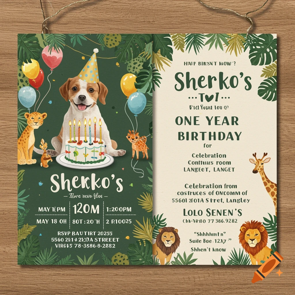 Sherko's first birthday party layout design with jungle theme on Craiyon