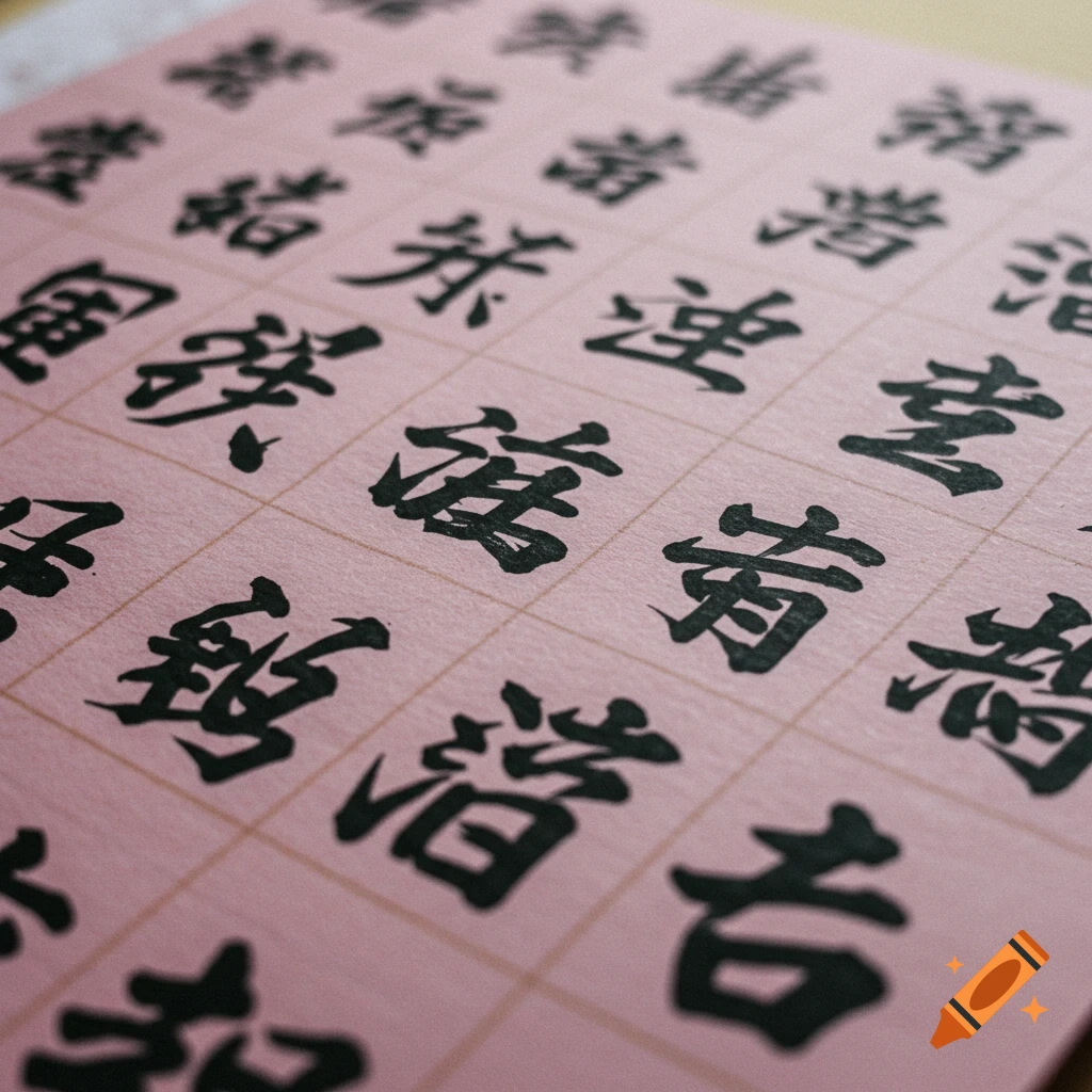 VHS-style image of complex Japanese kanji on pastel paper on Craiyon