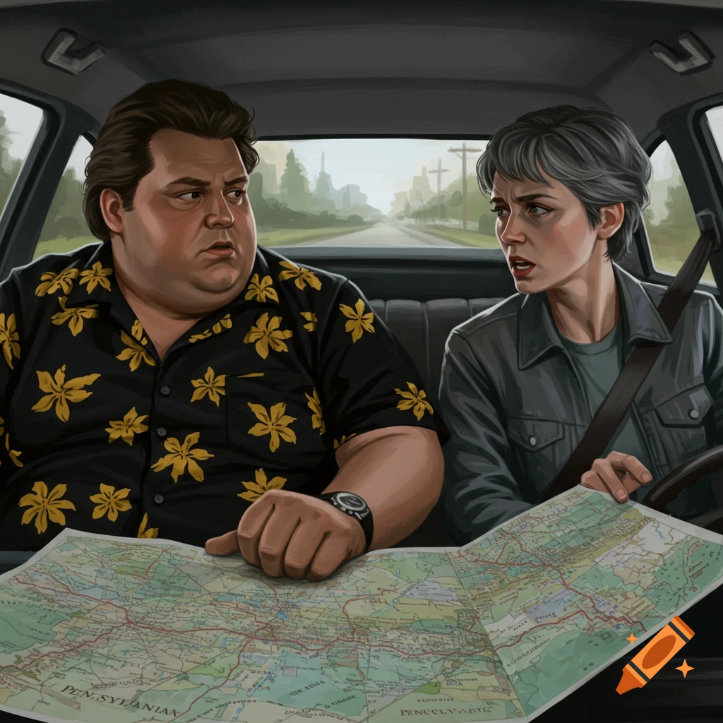 1984 movie scene with two people in a car arguing over a map on Craiyon