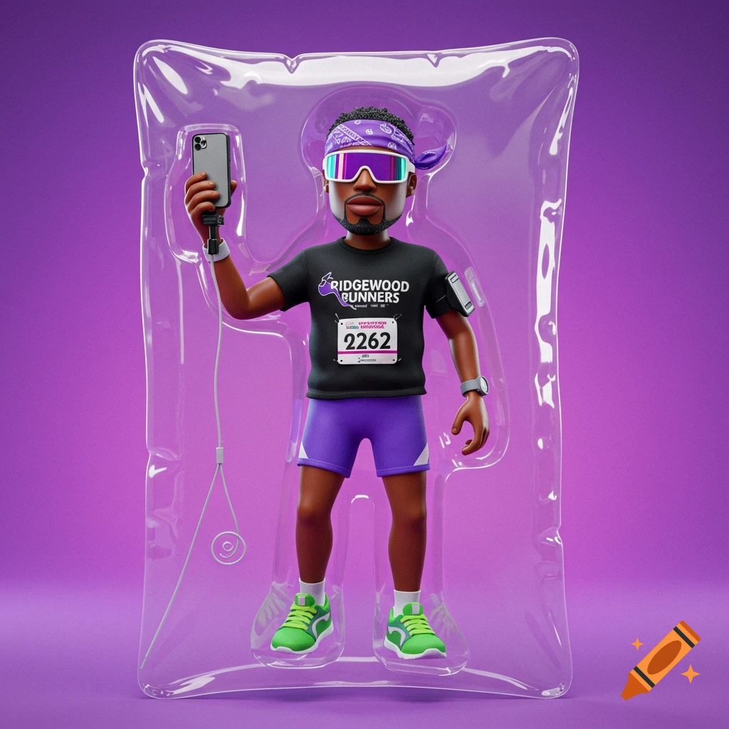 Toylike digital illustration of a runner in plastic wrapper on Craiyon