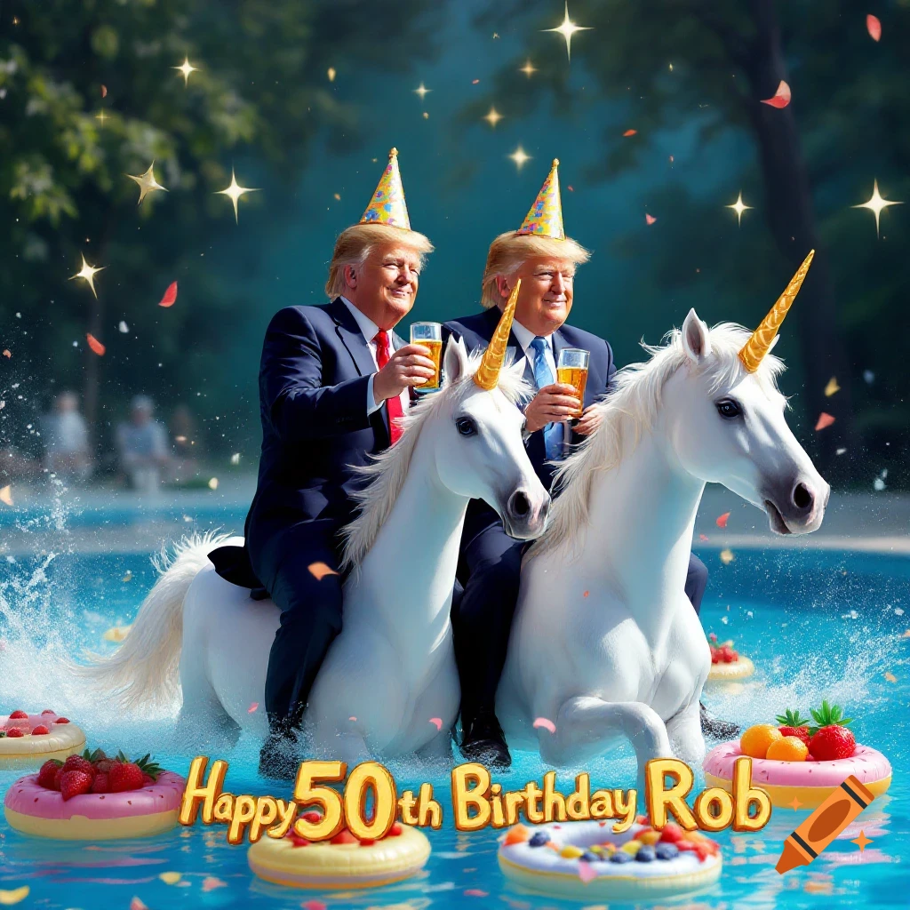 Donald Trump and a man in birthday hats riding unicorns over a pool ...