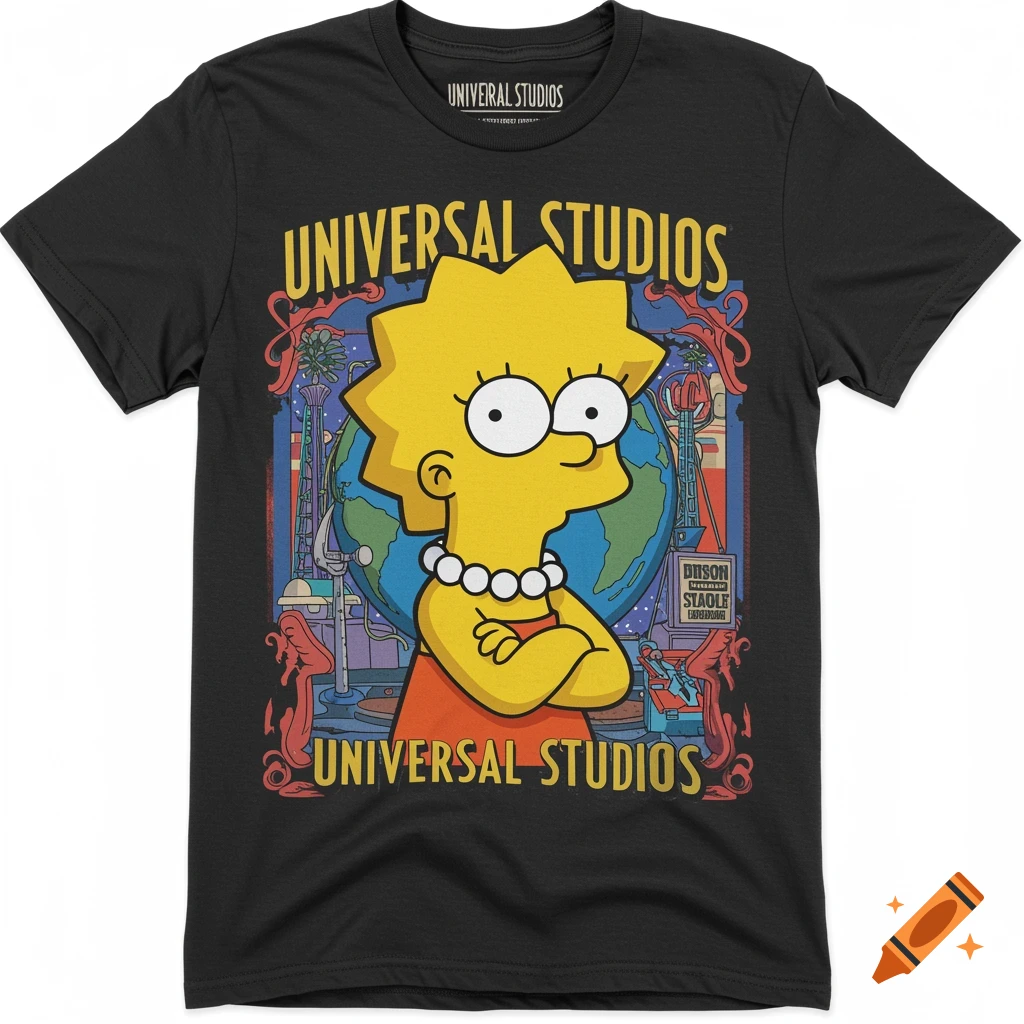 Black t-shirt with a design of Lisa Simpson in front of a globe and ...