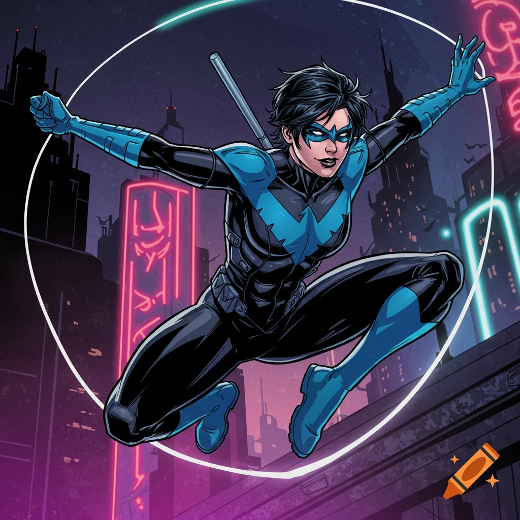 Nightwing, a superhero in a black and red suit with a mask, crouches on a rainy rooftop ...