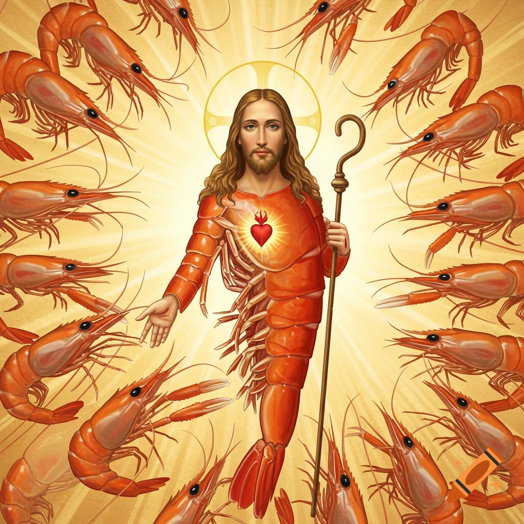 Jesus with a shrimp body, holding a staff, and surrounded by shrimp. on ...