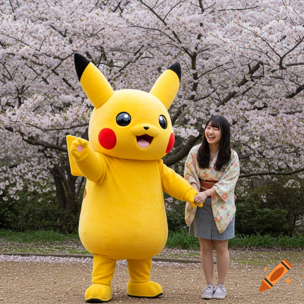 A person in a Pikachu costume holds hands with a woman under cherry ...