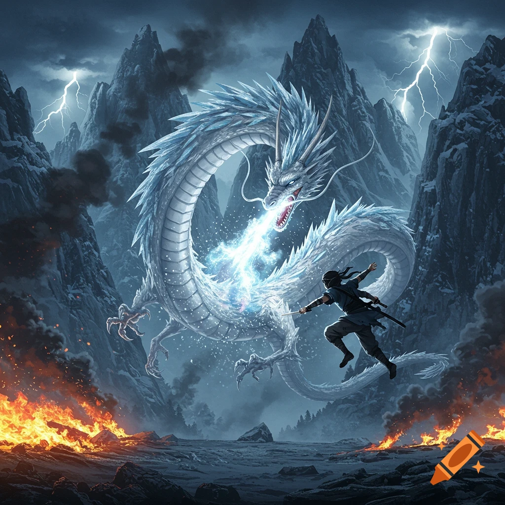 Ninja battling a dragon amidst fire and ice in Studio Ghibli style. on ...