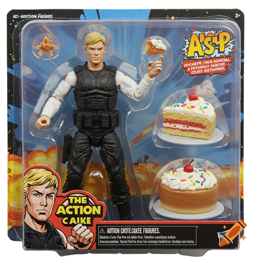 White man action figure in box with cake accessory on Craiyon