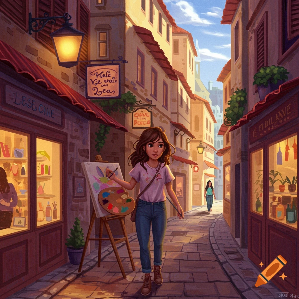 A young artist painting on an easel in a sunny, cobblestone street in a ...