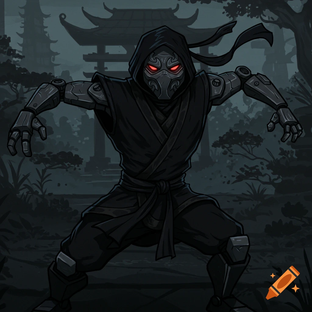 A dark illustration of a robot ninja with red eyes in a forest setting. on Craiyon