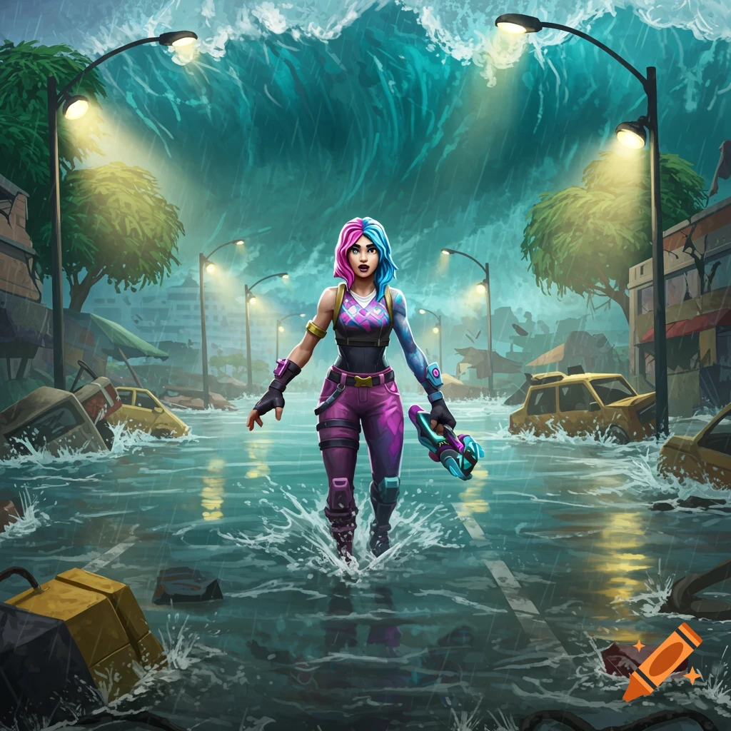 Fortnite character in a flood after a tsunami on Craiyon