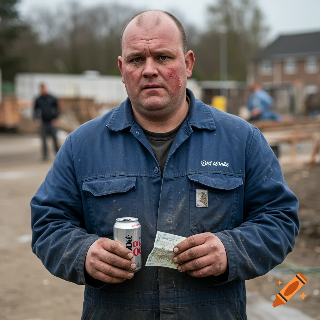 Heavy set bald man in work clothes holding a Diet Coke and lottery ...