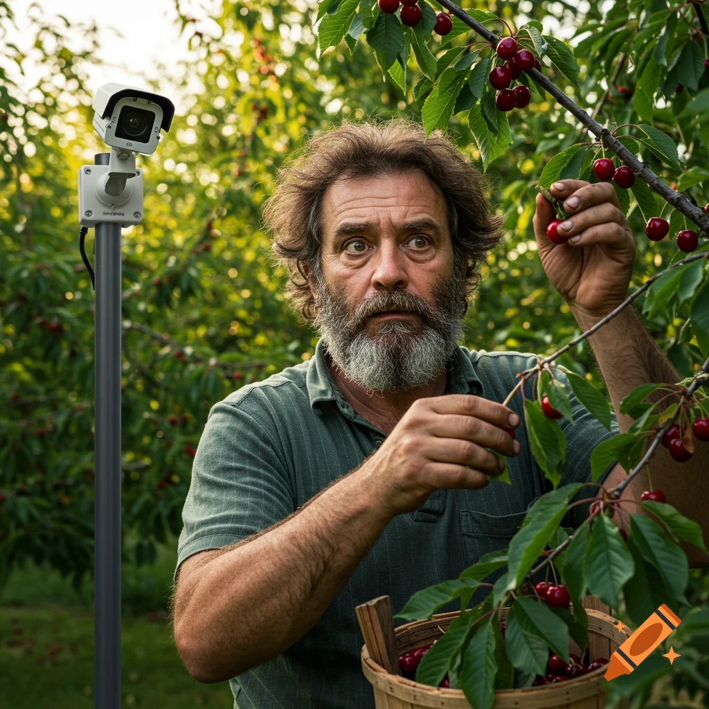 A man with a paranoid expression picks cherries from a tree while a ...