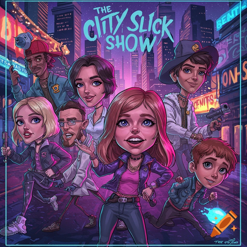 Stylized characters from The City Slick Show in a city. on Craiyon