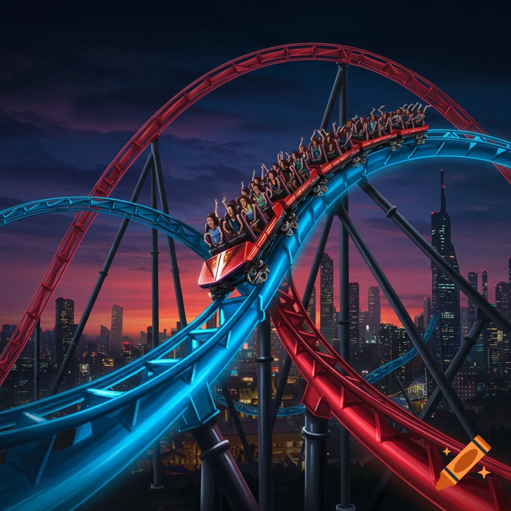 Roller coaster with tracks splitting in multiple directions on Craiyon