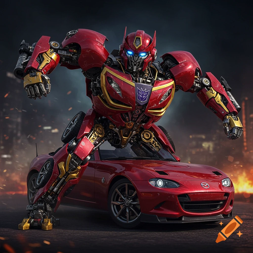 Red and gold Transformers Decepticon character with Miata head on Craiyon