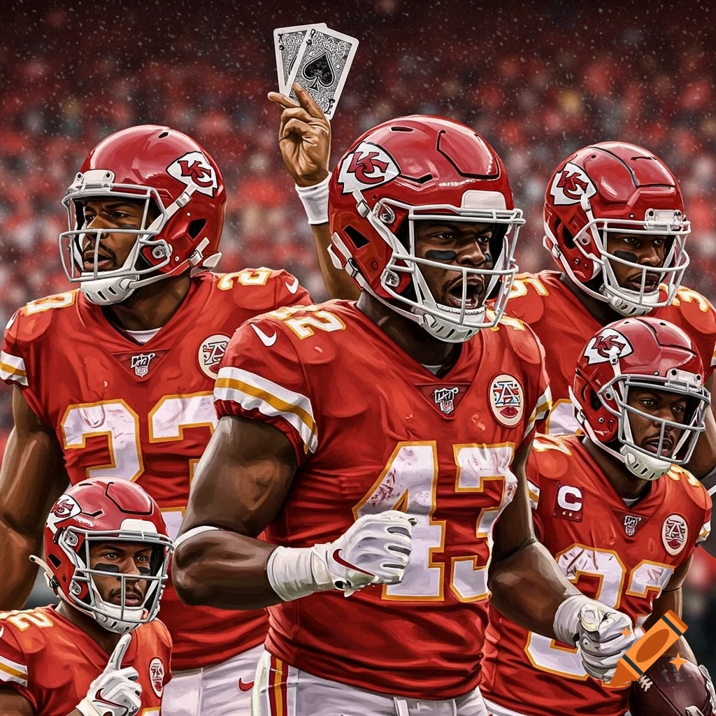 Picture of Kansas City Chiefs players in uniform, one holding up ace ...