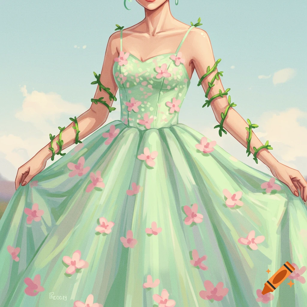 Pastel green prom dress with pink flowers and green vines on Craiyon