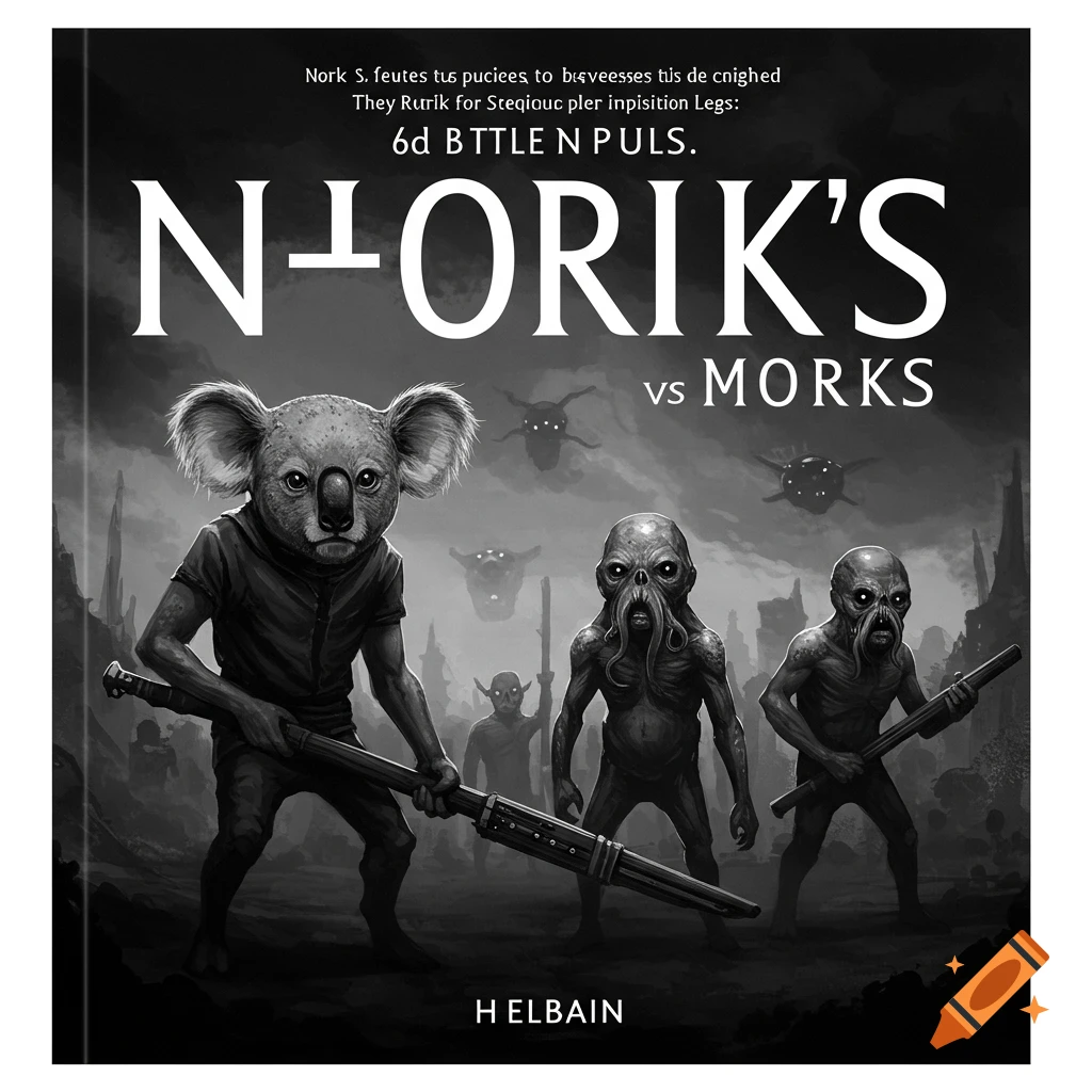 Moody black and white book cover featuring Norks and Morks in battle on ...
