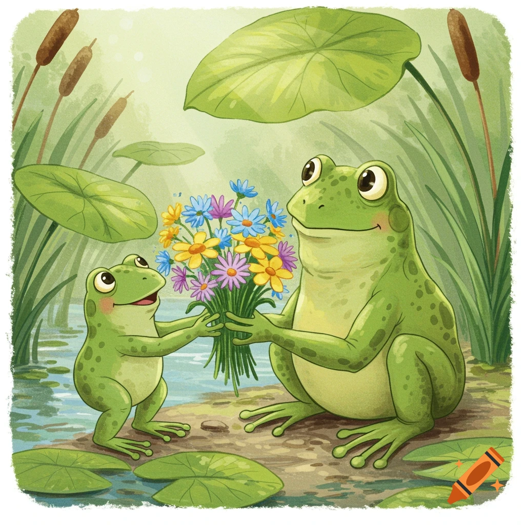 Bullfrog giving flowers to its mother, children's book illustration on ...