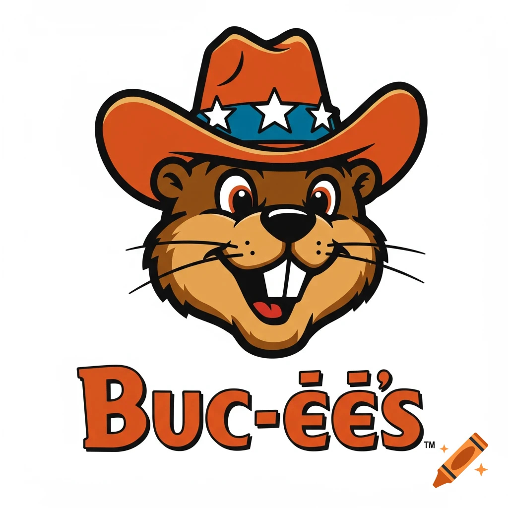 Cartoon beaver wearing an orange cowboy hat above the text Buc-ee's ...