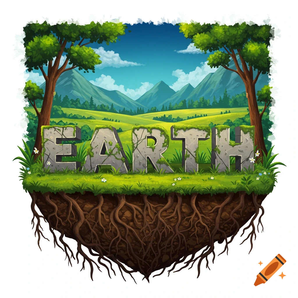 EARTH letters in a lush landscape with mountains and forest on Craiyon