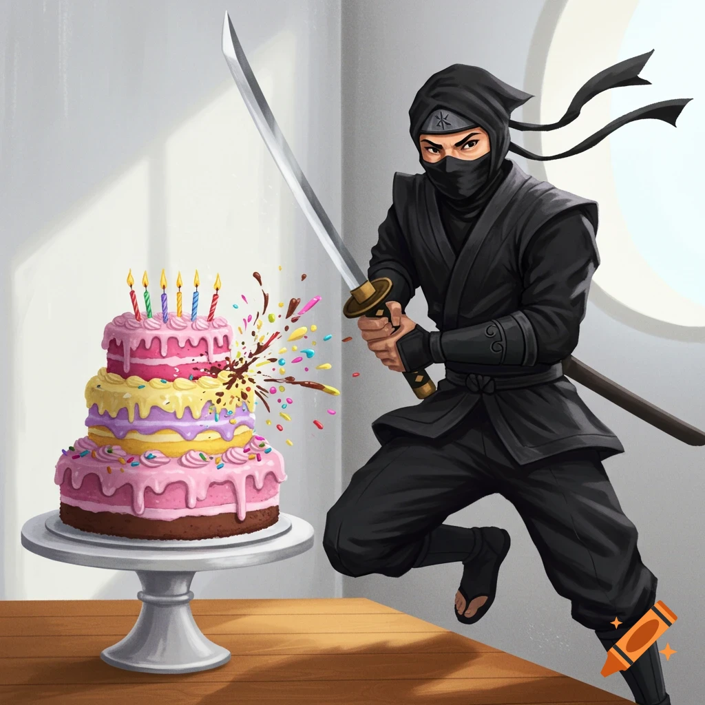Ninja slashing a birthday cake with a sword on Craiyon