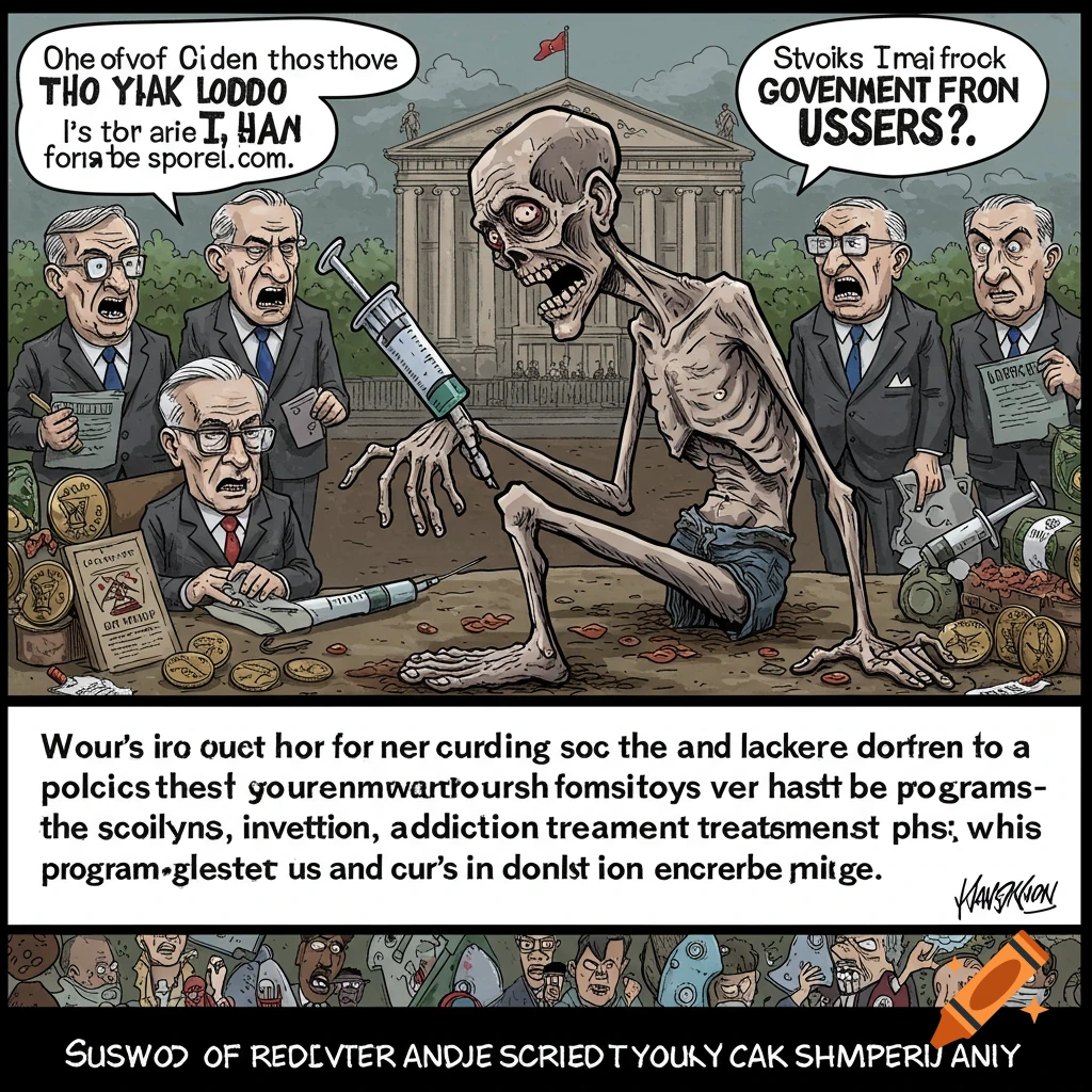 Political cartoon about drug addiction with commentary on Craiyon