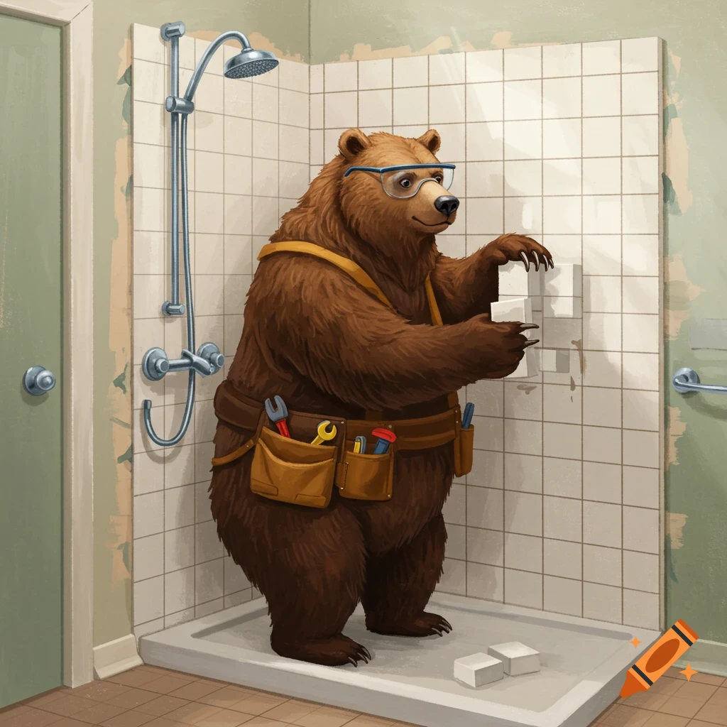 A brown bear wearing safety glasses and a tool belt tiles the wall of a ...