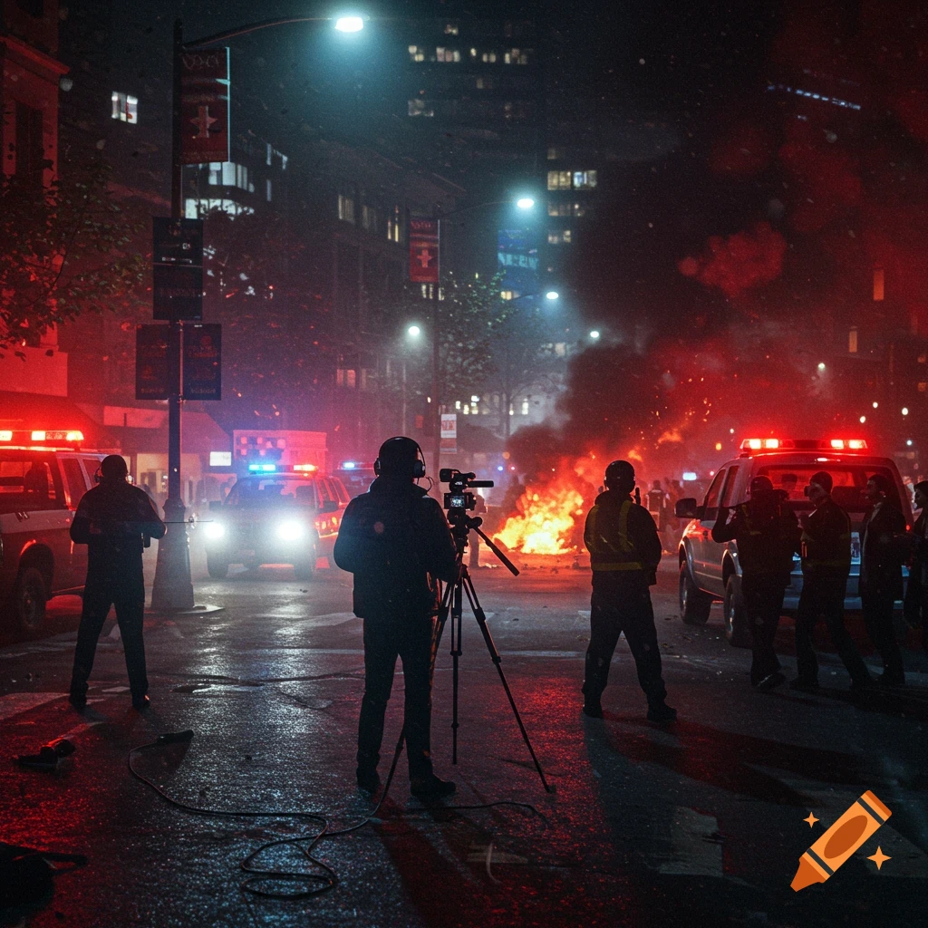 Chaotic urban night scene with police cars, fire, and people ...