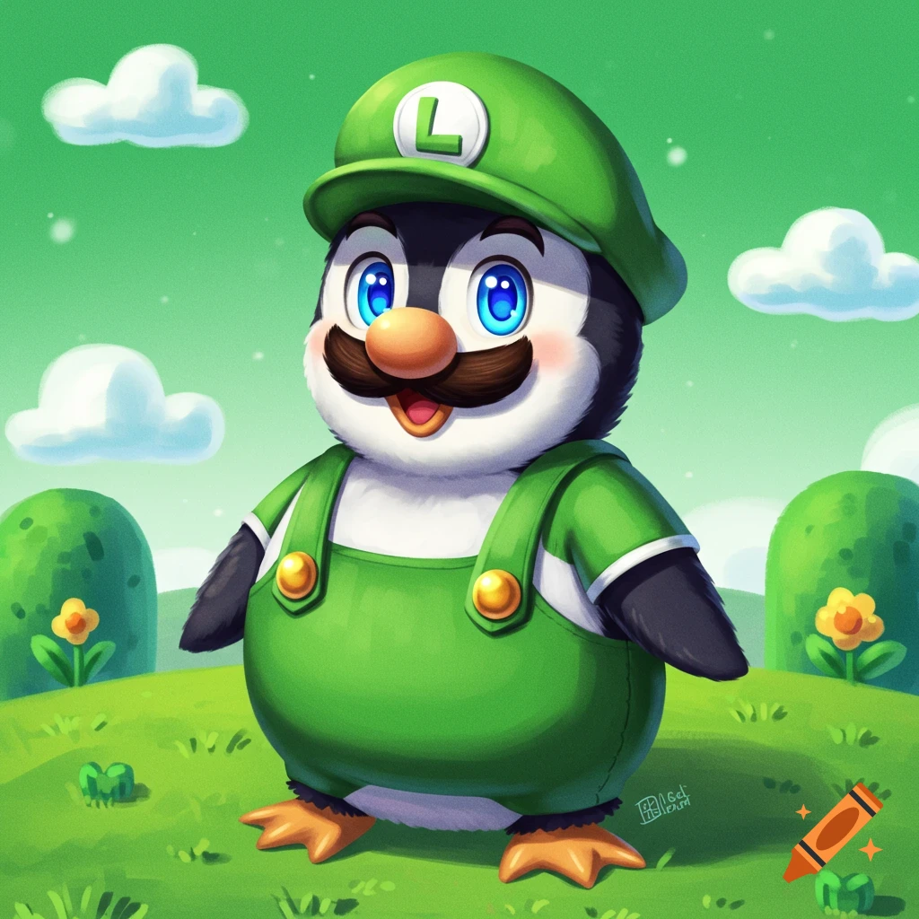 Penguin dressed as Luigi from Mario on Craiyon