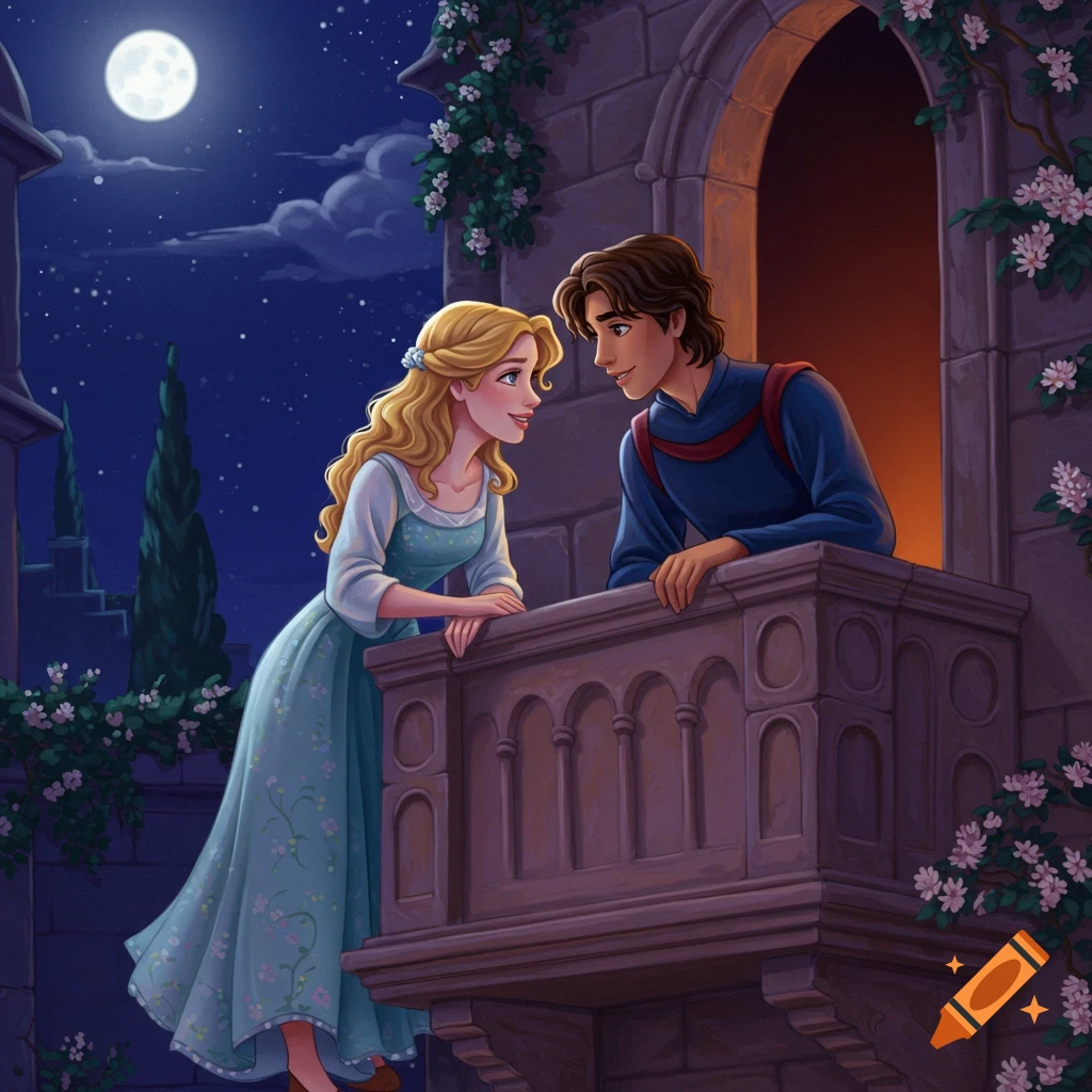 Disney Renaissance Romeo and Juliet balcony scene on Craiyon
