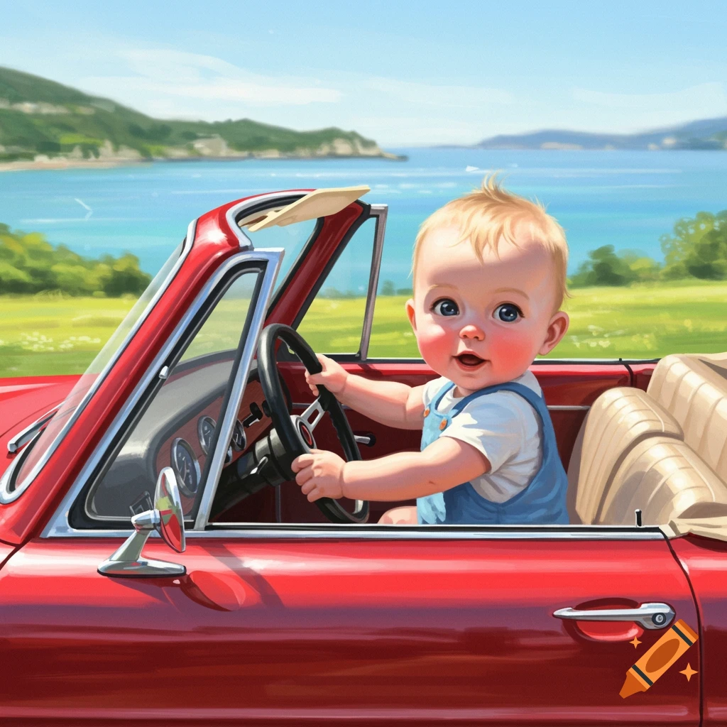 Baby driving a red Ferrari on Craiyon