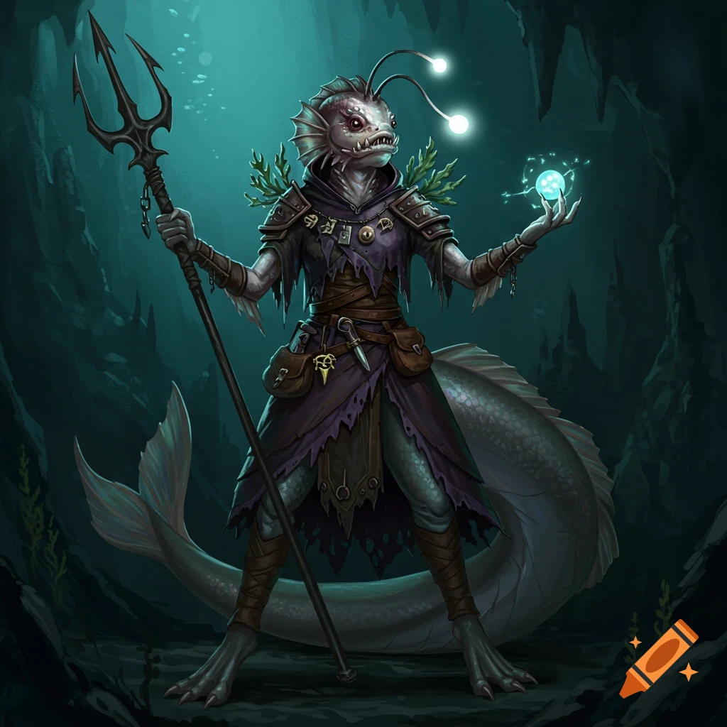 A fish-humanoid creature with a tail, trident, and glowing orb in an ...