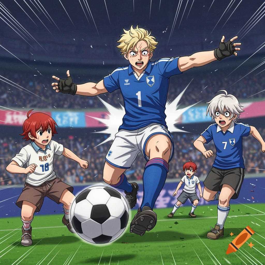 Anime style illustration of players competing for a soccer ball on a ...