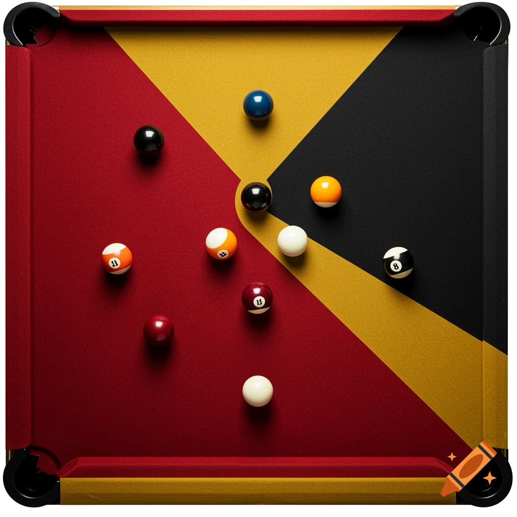 Overhead view of a red, gold, and black pool table with billiard balls ...