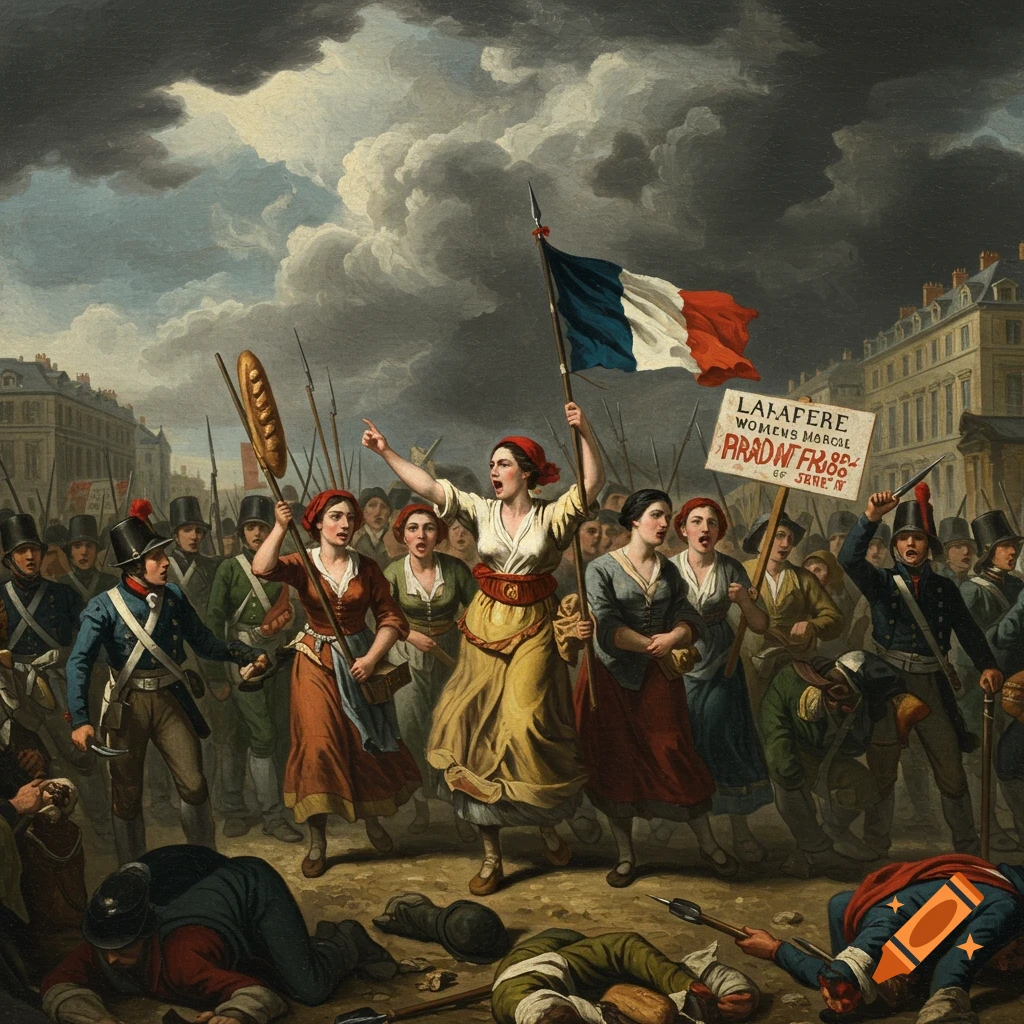 Historical painting of the Women’s March on Versailles, 1789, in black ...