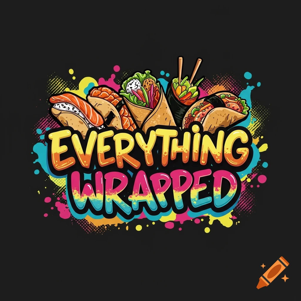 Graphic logo with various wrapped foods above colorful graffiti text ...