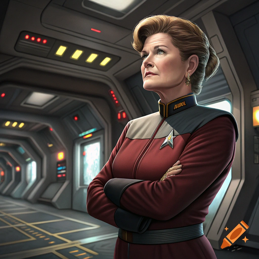 Portrait of a woman in a red and gray Star Trek uniform standing in a ...