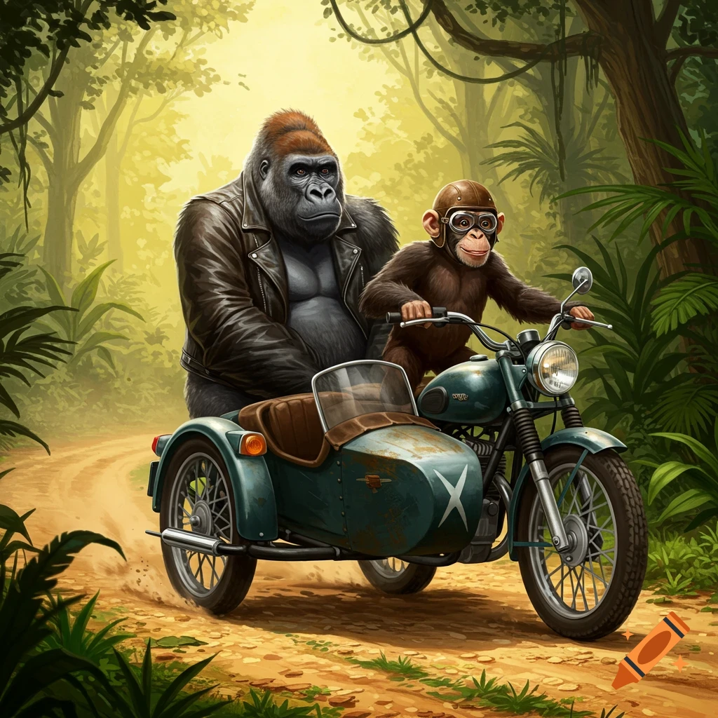 A gorilla rides a motorcycle through a grassy park with trees and a ...