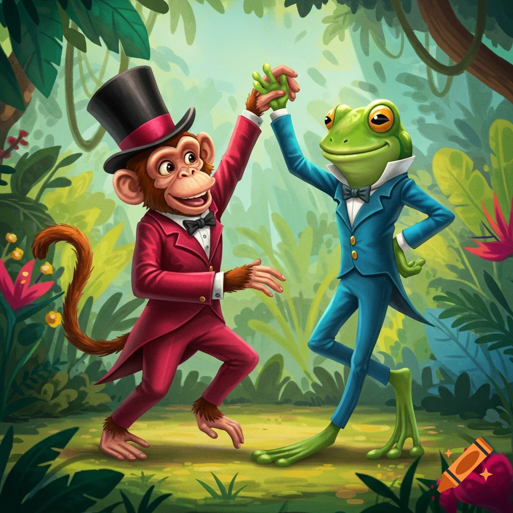Monkey in top hat and red suit dancing with frog in blue suit on Craiyon