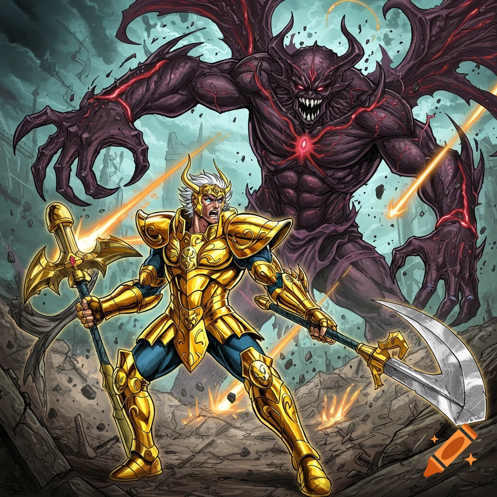 A golden-armored warrior fights a large, dark monster with wings and ...
